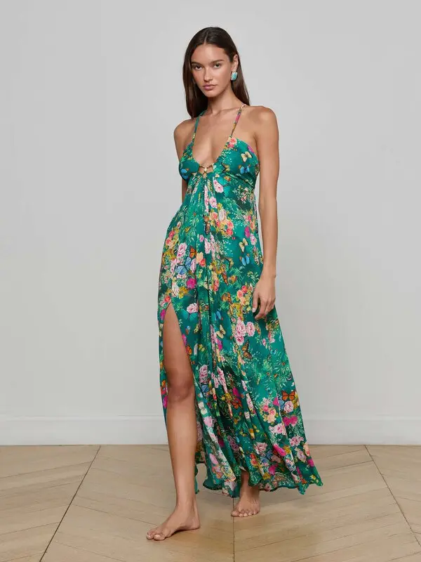 L'Agence Geneva Cover-up Dress - Bottle Green Multi Charonda Butterfly