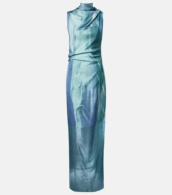 JEAN PAUL GAULTIER Printed Draped Satin Maxi Dress - Blue