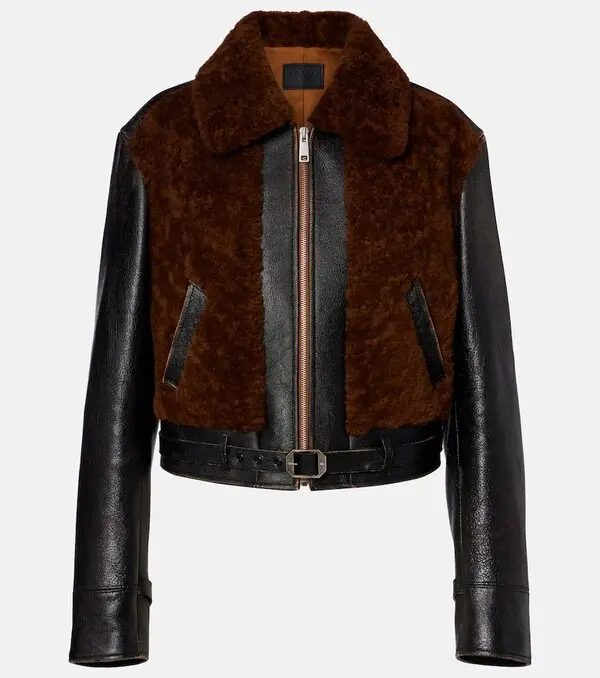 Prada Belted Shearling-trimmed Leather Jacket - Brown