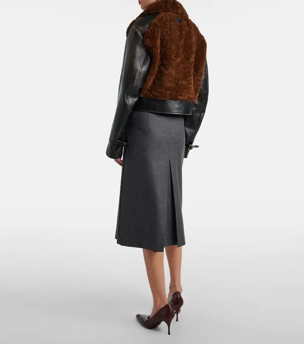 Prada Belted Shearling-trimmed Leather Jacket - Brown