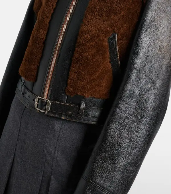 Prada Belted Shearling-trimmed Leather Jacket - Brown