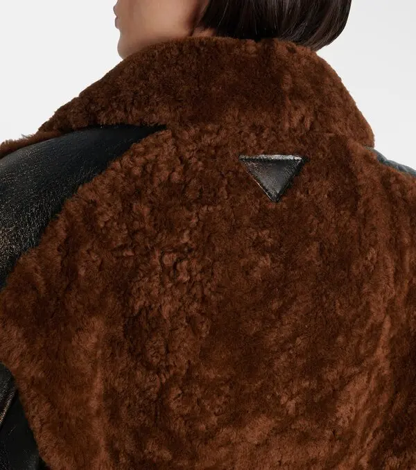 Prada Belted Shearling-trimmed Leather Jacket - Brown