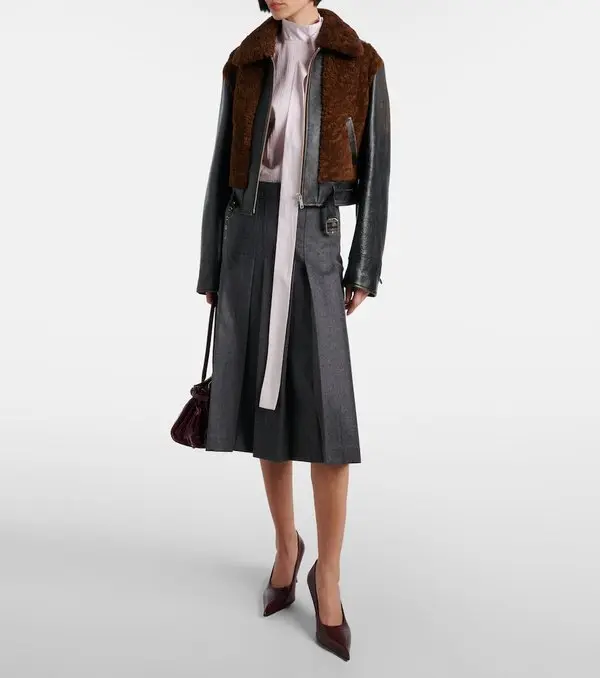 Prada Belted Shearling-trimmed Leather Jacket - Brown