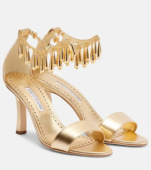 Manolo Blahnik Nicusan 90 Embellished Leather Sandals - Gold