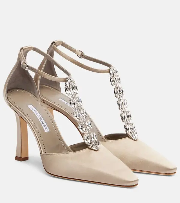 Manolo Blahnik Molara Embellished Satin Pumps - Beige
