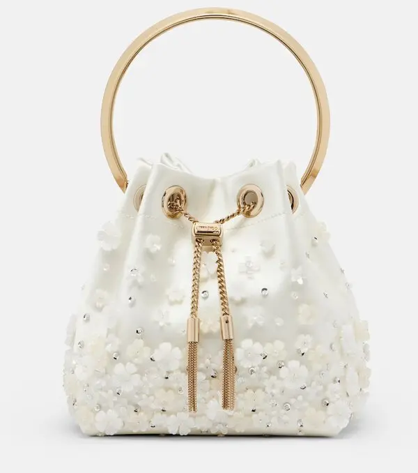 JIMMY CHOO Bon Bon Small Embellished Bucket Bag - White