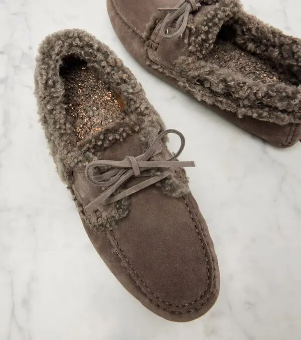 Brunello Cucinelli Monili Shearling-trimmed Suede Moccasins - Grey