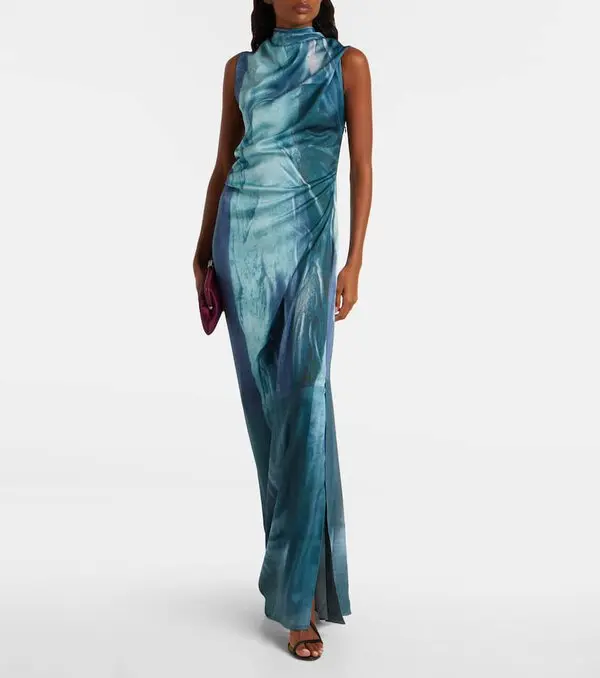 JEAN PAUL GAULTIER Printed Draped Satin Maxi Dress