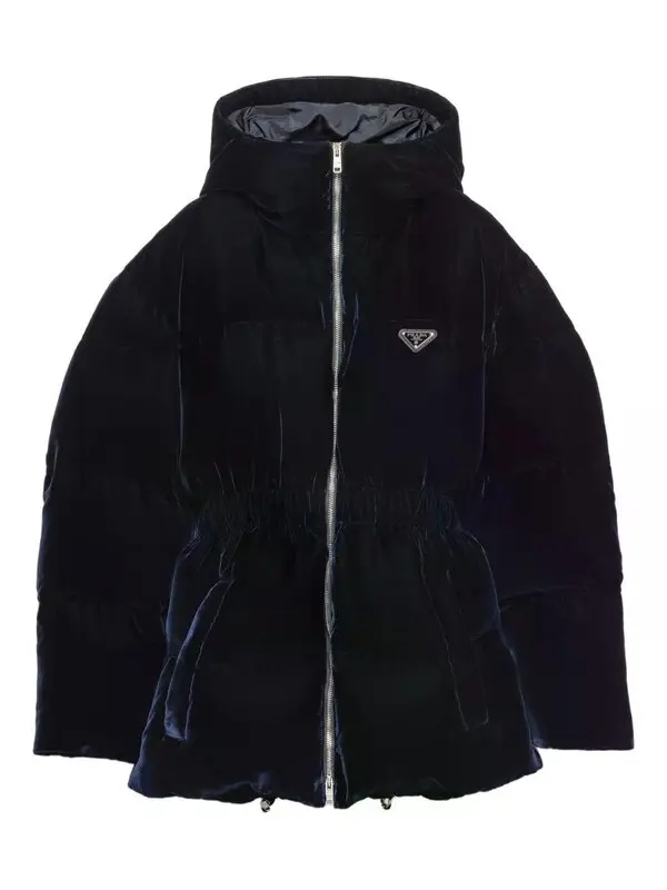 Prada Velvet Hooded Puffer Jacket With Drawstring Waist - Blue