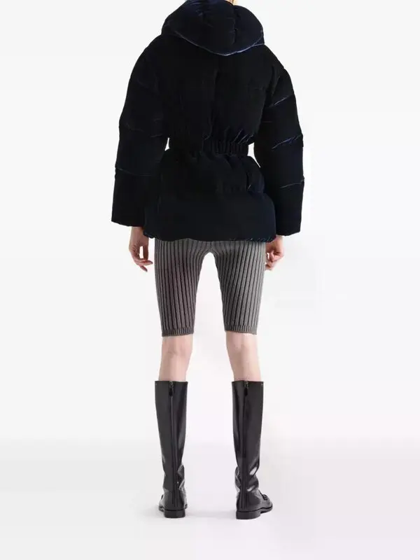 Prada Velvet Hooded Puffer Jacket With Drawstring Waist - Blue