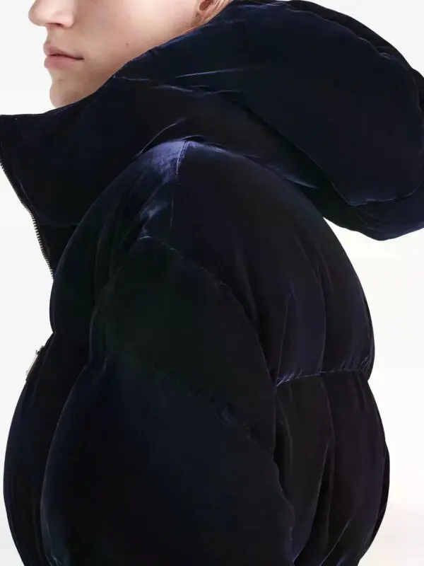 Prada Velvet Hooded Puffer Jacket With Drawstring Waist - Blue