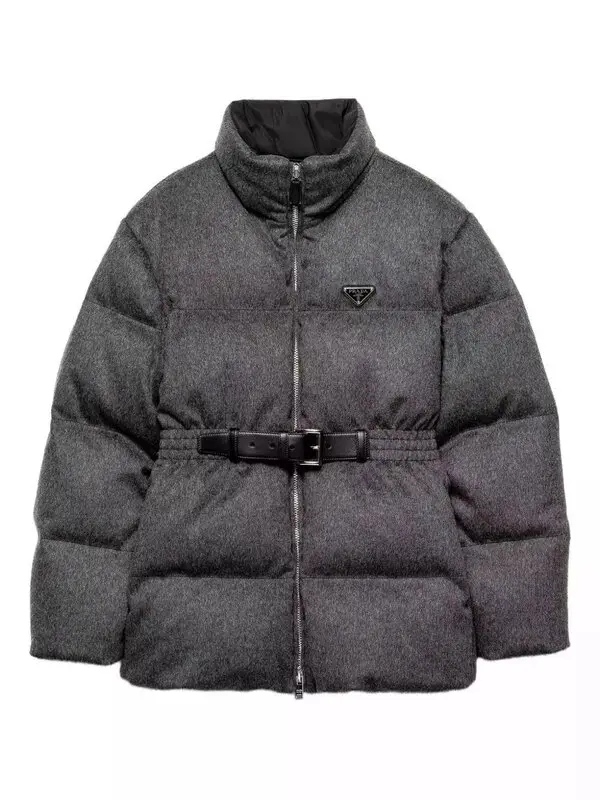 Prada Triangle-logo Belted Puffer Jacket - Grey