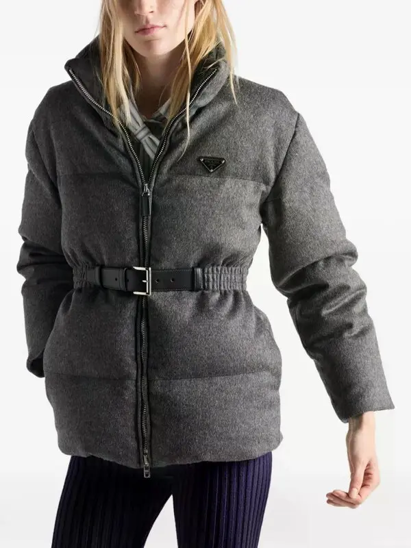 Prada Triangle-logo Belted Puffer Jacket - Grey