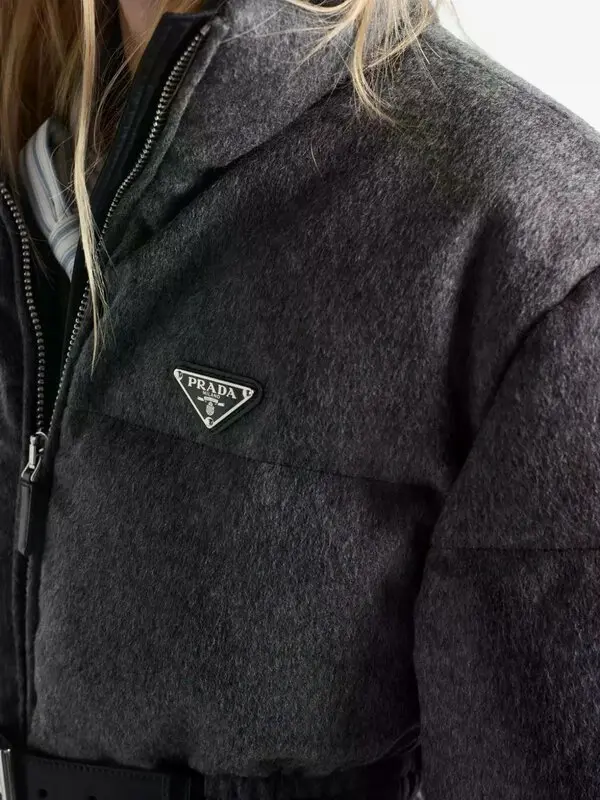 Prada Triangle-logo Belted Puffer Jacket - Grey