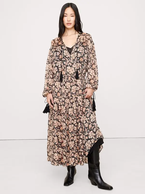 Banana Republic Women's Tiered Maxi Dress Floral Paisley With Lurex Stripe Size S
