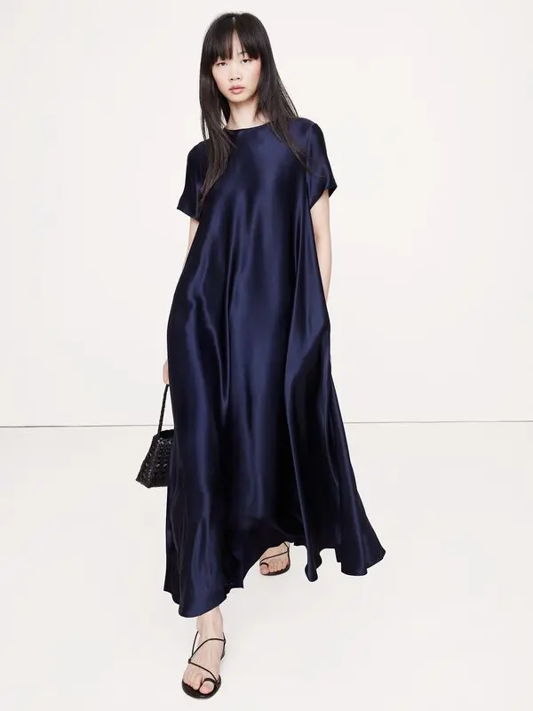 Banana Republic Italian Satin Trapeze Long Midi Dress - Navy Blue |  Editorialist
