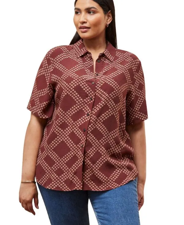 LIVE UNLIMITED Geo Print Short Sleeve Shirt - Brown