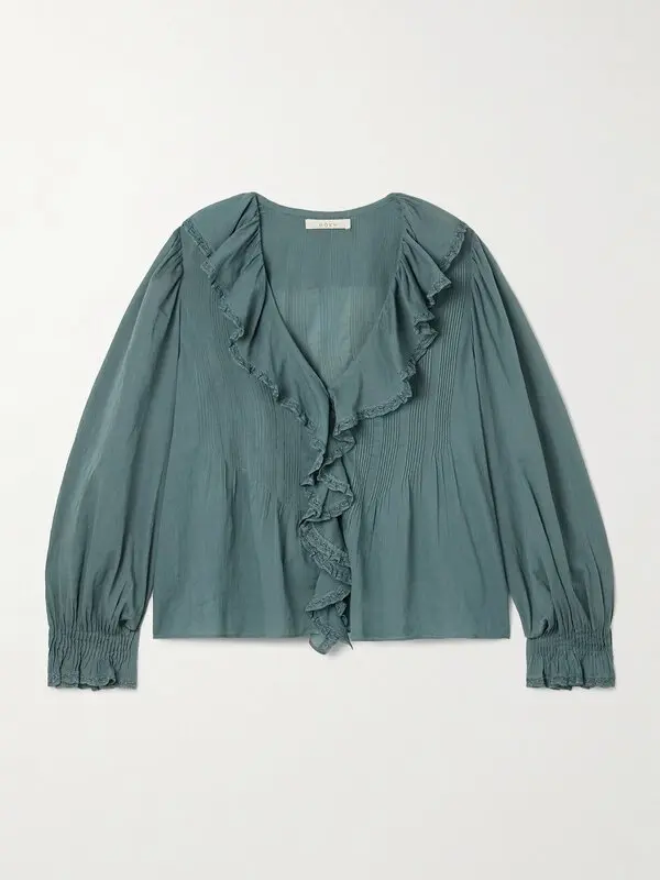 DÔEN Hardy Lace-trimmed Ruffled Pintucked Organic Cotton-voile Blouse - Blue