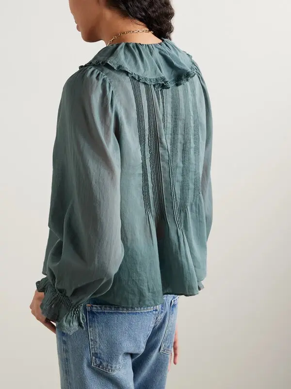 DÔEN Hardy Lace-trimmed Ruffled Pintucked Organic Cotton-voile Blouse - Blue