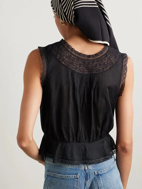 DÔEN Lilibet Lace-trimmed Pintucked Organic Cotton-voile Top - Black
