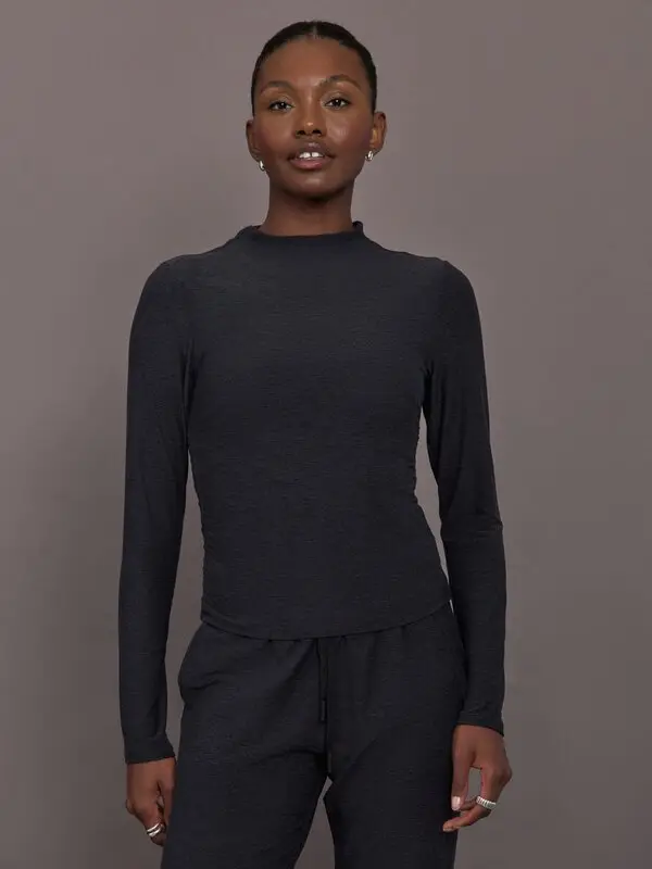 Carbon38 Mock Neck Long Sleeve Top - Heather Black