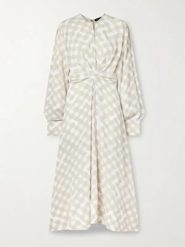 Proenza Schouler Keria Gathered Checked Crepe De Chine Midi Dress - Neutrals