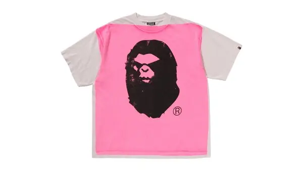 A BATHING APE X Saint Mxxxxxx Mad Face Handprinting Tee Shirt - White Pink