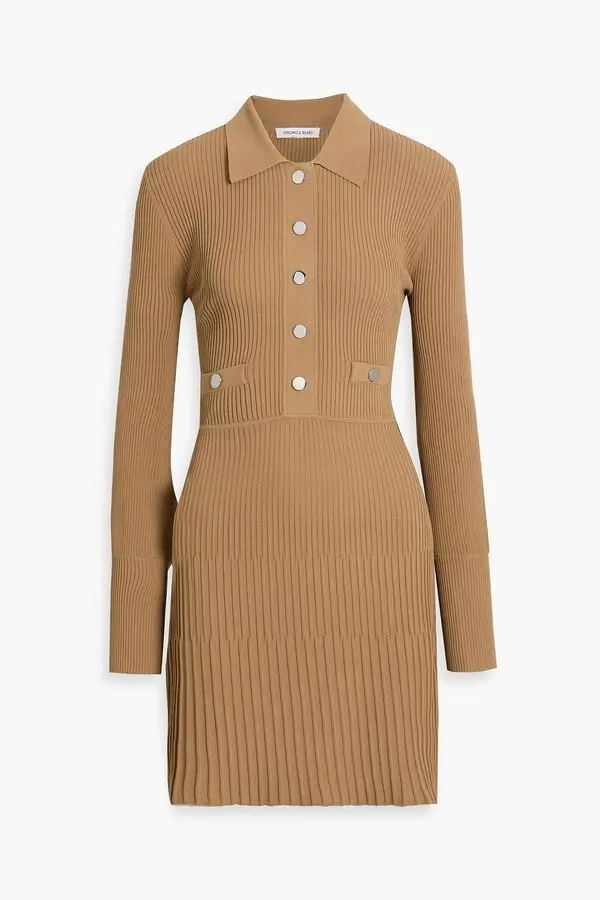 Veronica Beard Lauper Ribbed-knit Mini Shirt Dress - Camel