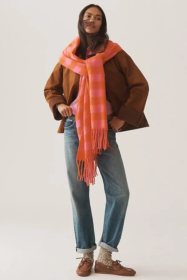 Maeve Brushed Ggham Scarf - Pink/red