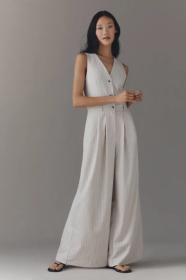 Maeve Avery Wide-leg Pleated Jumpsuit - Ivory Stripe