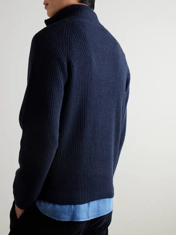 John Smedley Ryker Ribbed Recycled Cashmere And Wool-blend Half-zip Sweater - Blue