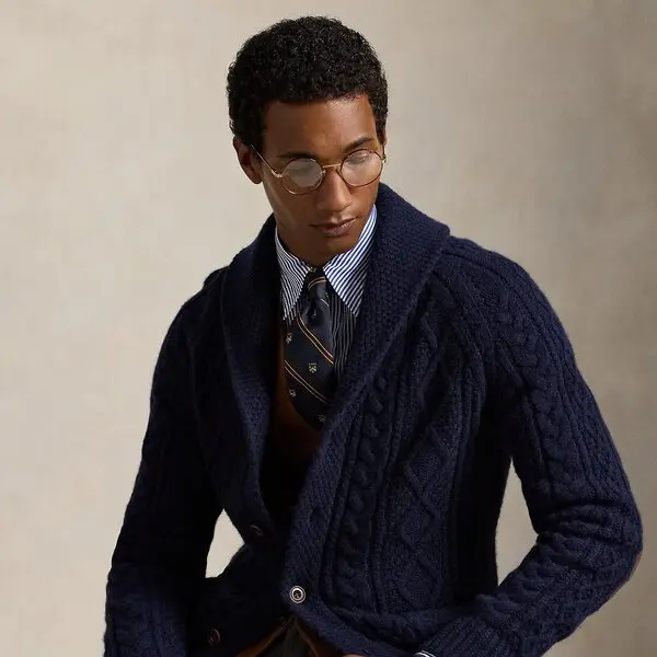 Ralph Lauren Wool-alpaca Cardigan With Suede Patches - Hunter Navy