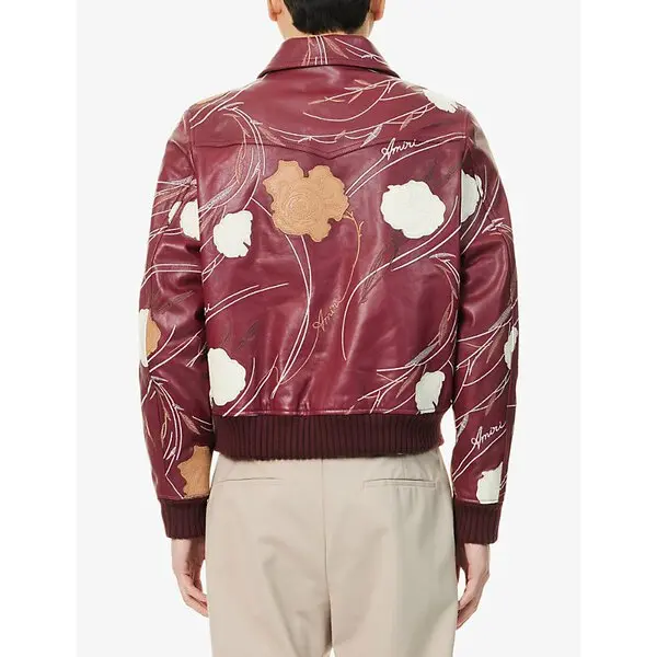 Amiri Floral-Embroidered Leather Jacket - Wine | Editorialist