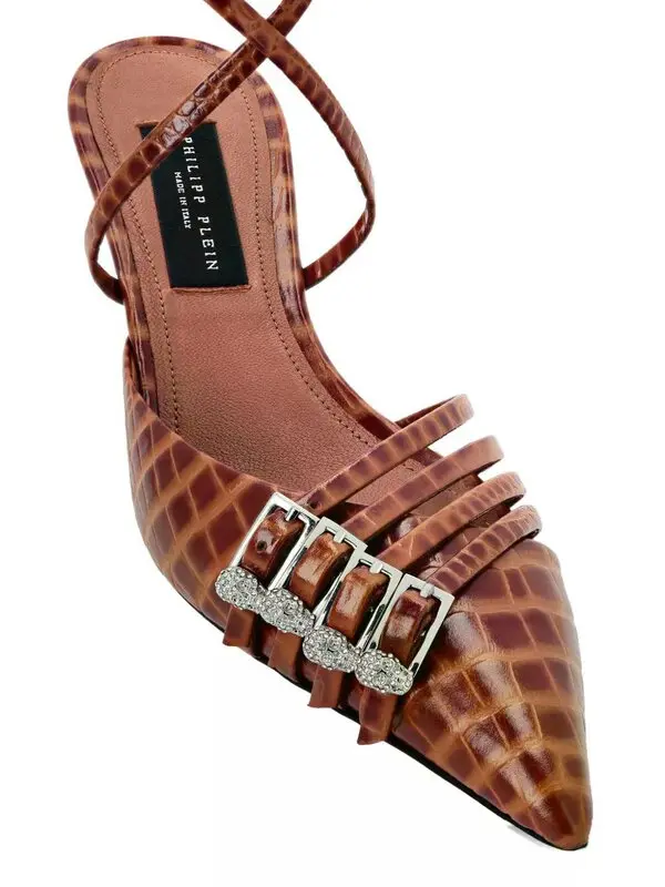 Philipp Plein 55mm Crocodile-effect Buckled Pumps - Brown