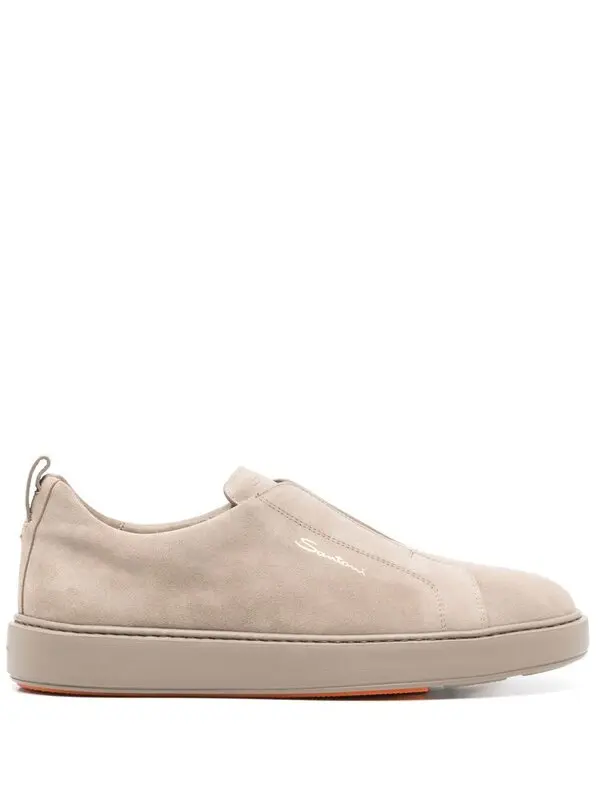 Santoni Leather Sneakers With Logo - Beige