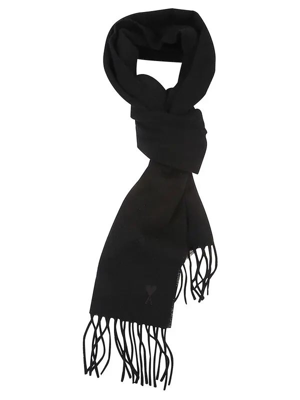Ami Scarf With Fringes And Logo - Black