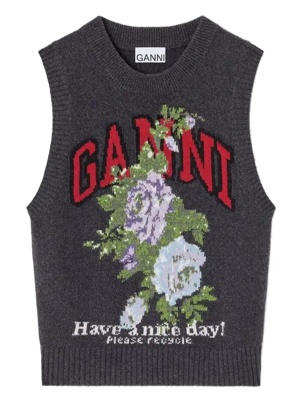 GANNI Flowers Wool Vest - Grey