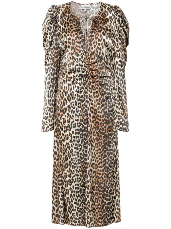 GANNI Leopard Print Midi Dress - Multi