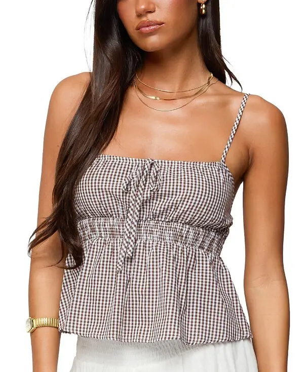 EDIKTED Zahara Gingham Babydoll Top - Brown