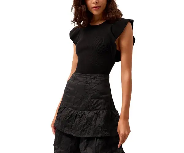 MARIE OLIVER Rory Flutter Sleeve Ribbed Top - Black