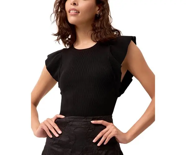 MARIE OLIVER Rory Flutter Sleeve Ribbed Top - Black