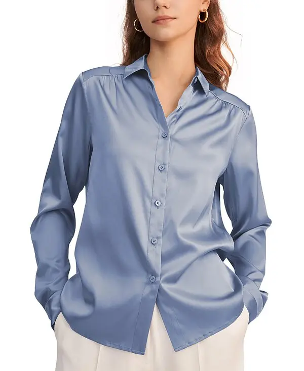 Lilysilk Long Sleeve Collared Silk Blouse - Azure