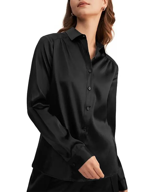 Lilysilk Long Sleeve Collared Silk Blouse - Black