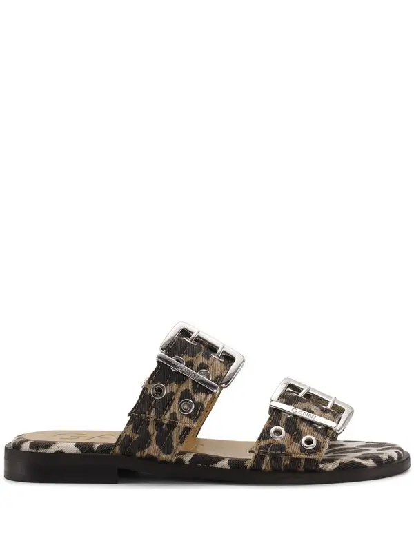 GANNI Buckle Leopard Print Sandals - Brown