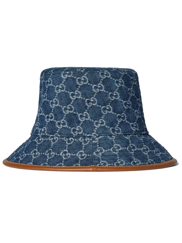 GG Navy Denim Bucket Hat Authentic Gucci GG Size L Denim Nappa Leather Trim Bucket  main image 3