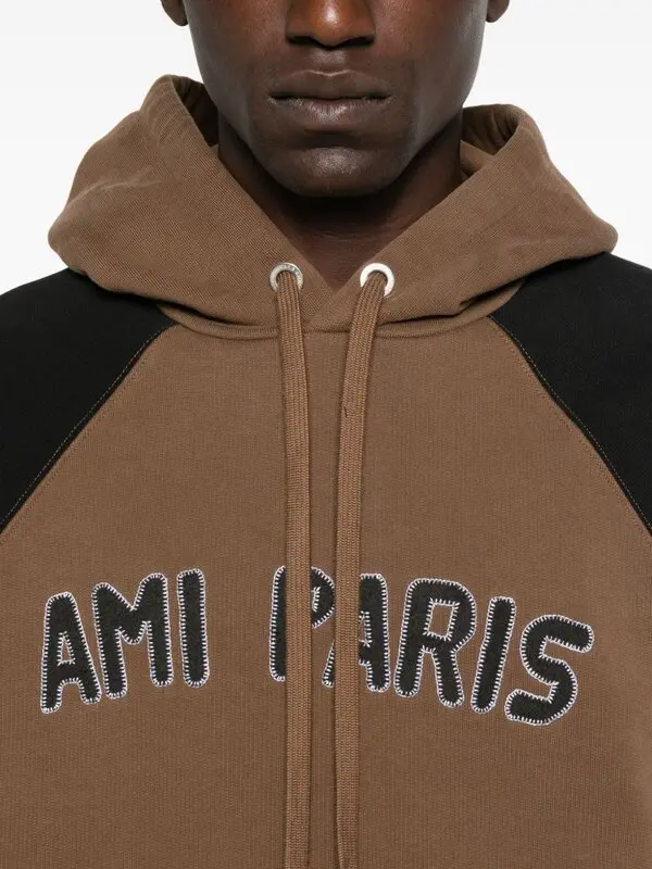 AMI Paris Cotton Colorblock Hoodie - Brown