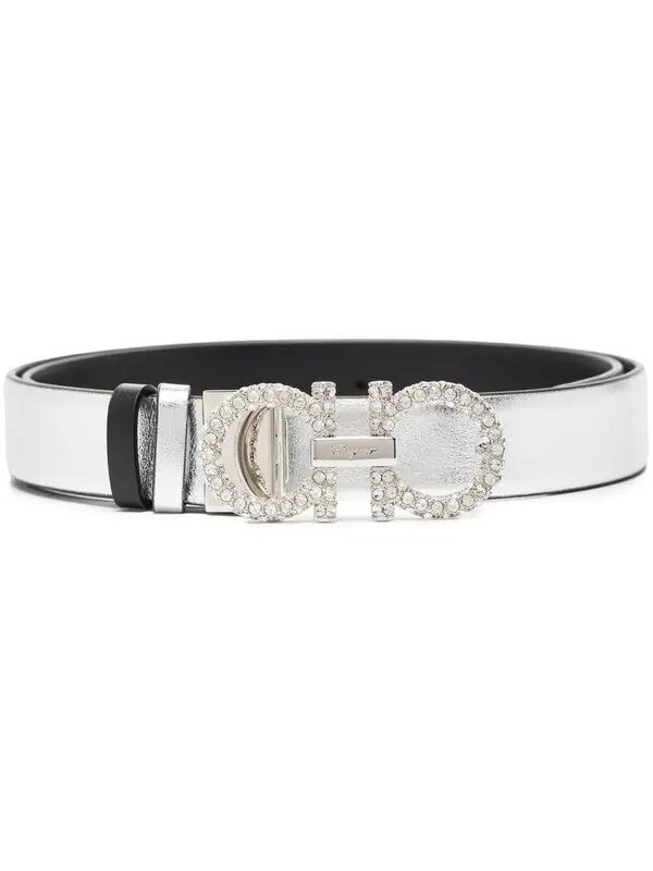FERRAGAMO Gancini Strass Leather Belt - Silver