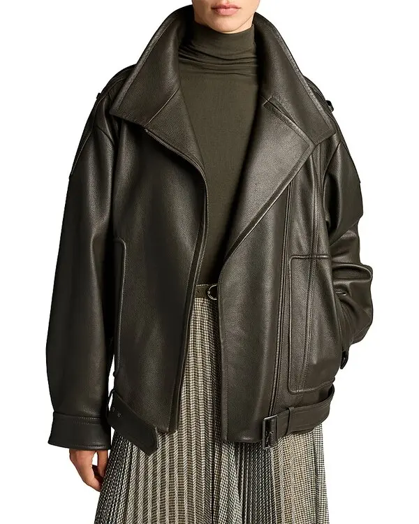 Vince Leather Oversized Biker Jacket - Deep Forest