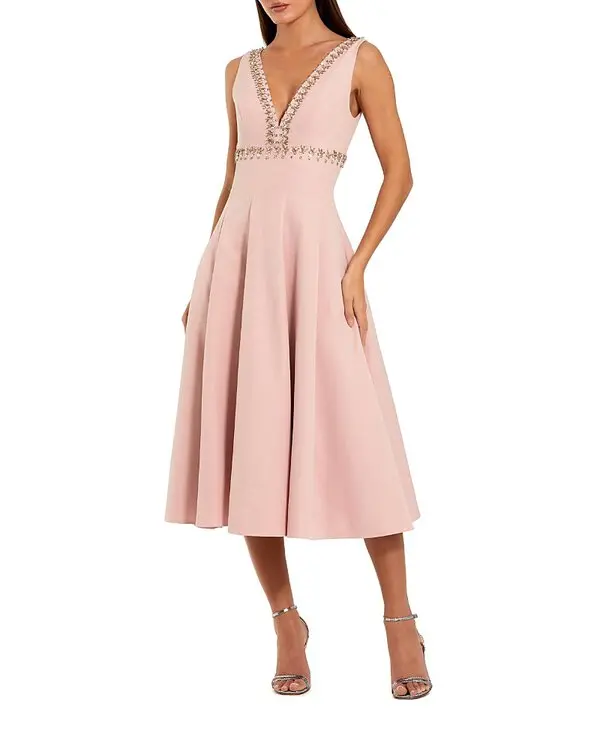 Mac Duggal Crepe A-line Midi Dress With Rhinestone Embellishments - Dusty Rose