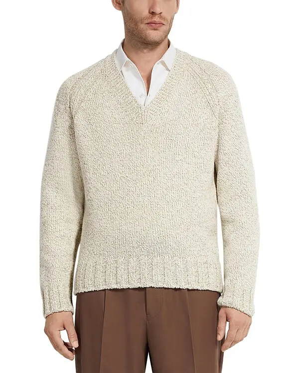 Zegna Melange Cashmere And Wool V-neck - Light Taupe/white Mélange